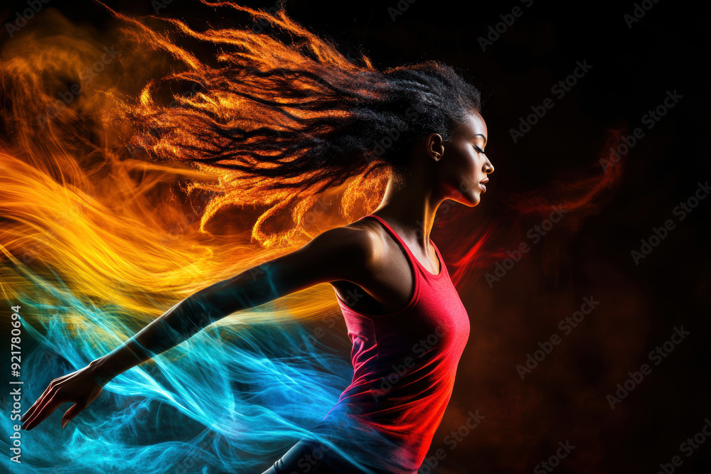A woman with long hair is dancing in a red tank top. The image is a ...