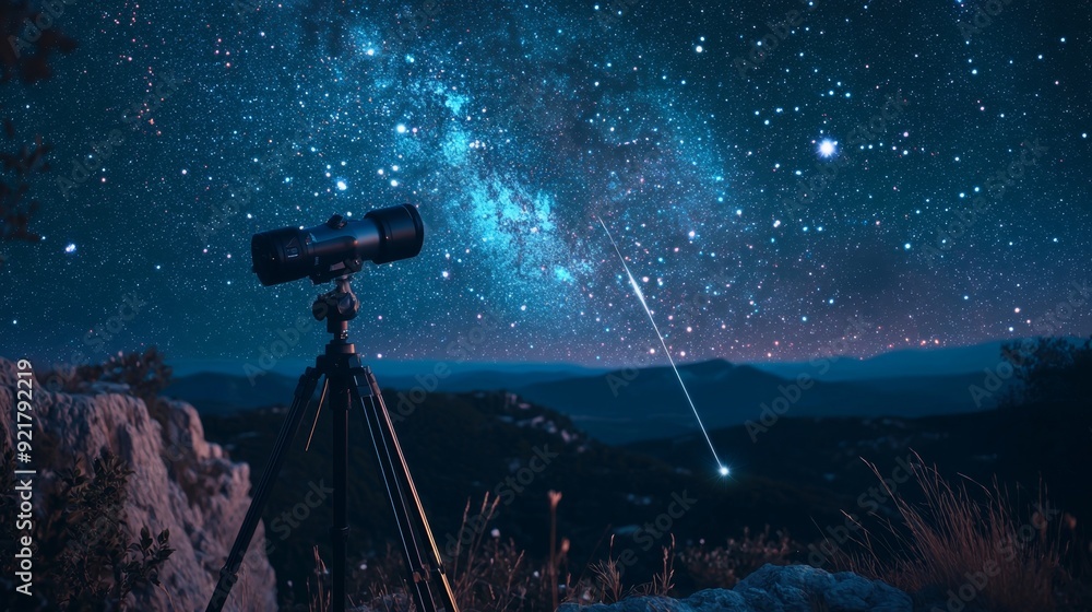 Telescope pointed at the night sky with a shooting star. Stock Photo ...