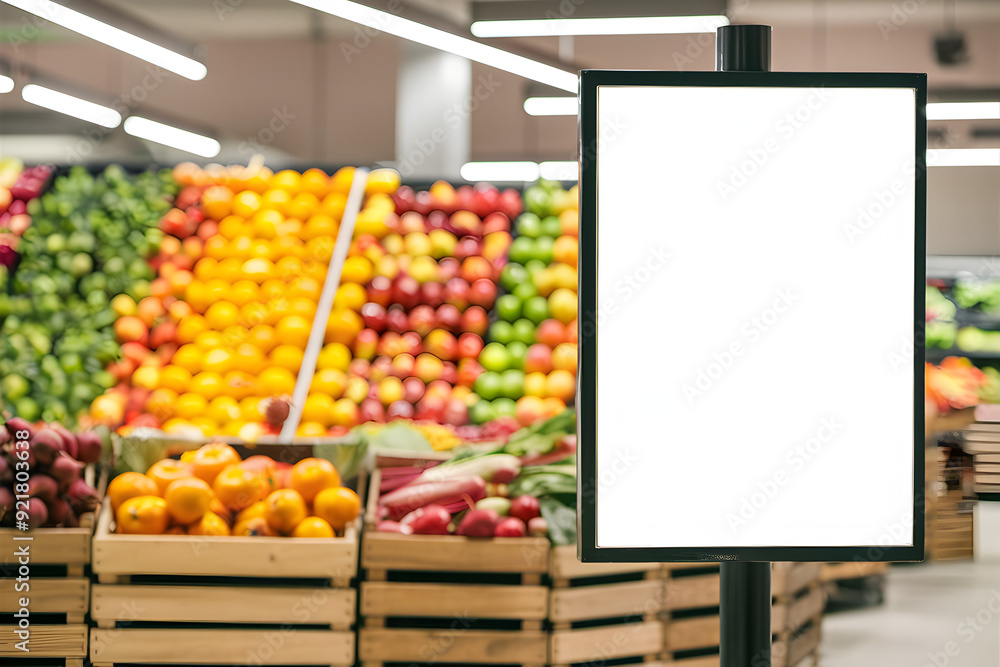 Blank Sign in Produce Section: A crisp, white sign stands prominently ...