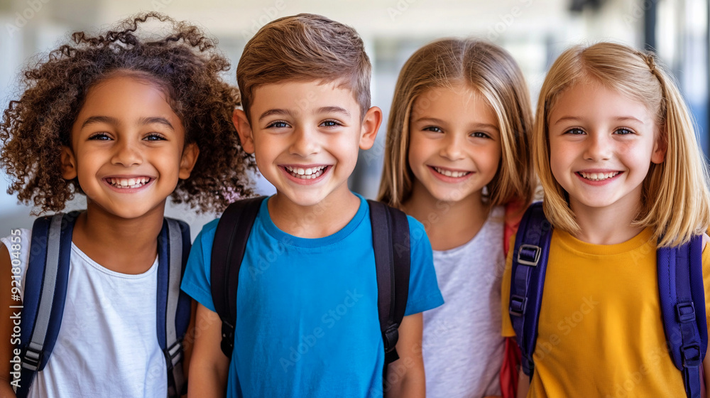 Group of diverse junior school students children standing in schoolyard ...