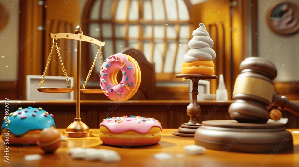 Cartoon-style courtroom where animated food items as judge and jury ...