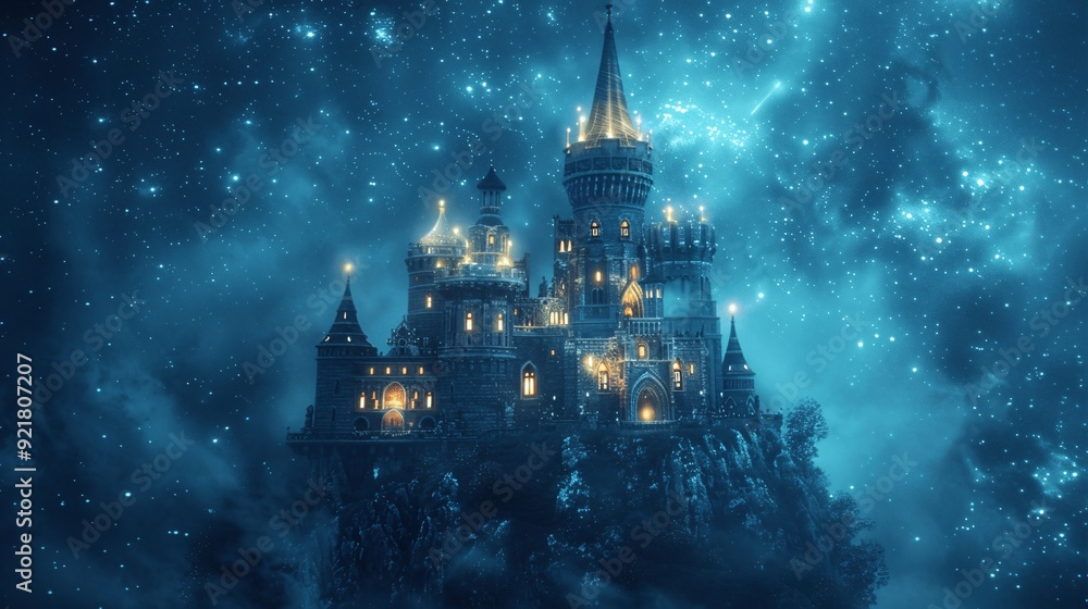 Enchanted castle on a hill with glowing turrets and a softly ...
