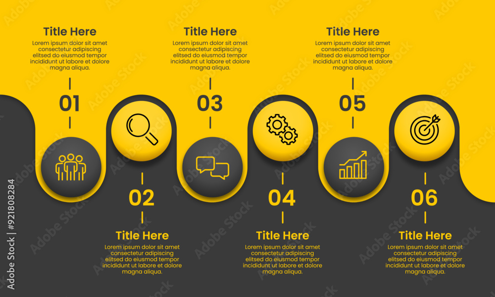 Horizontal infographic timeline 6 steps or options on Yellow and Black ...