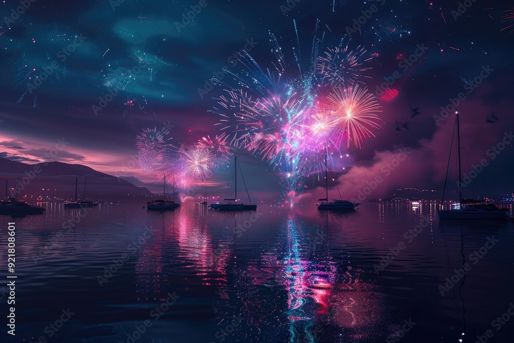 Beautiful colorful fireworks over the sea, celebration of an events on ...