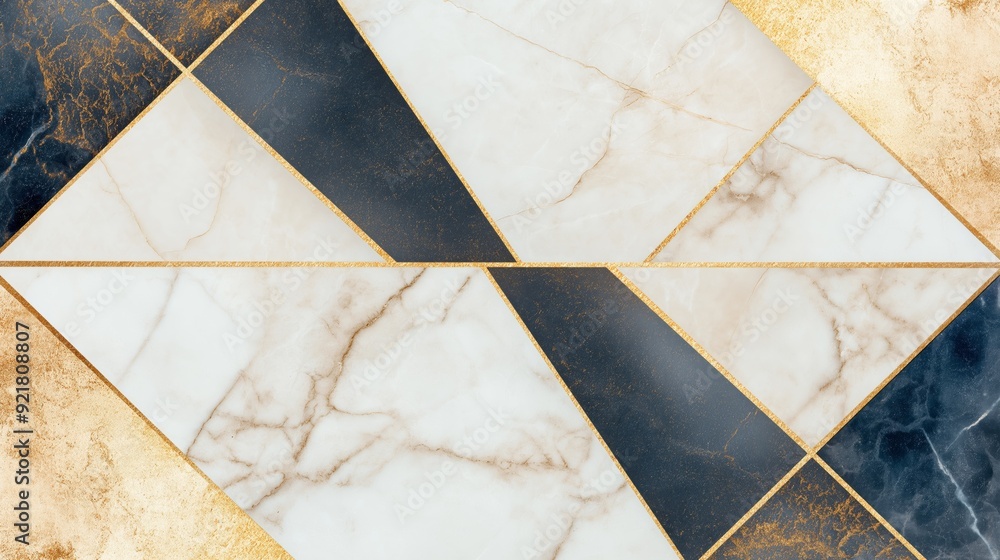 Elegant geometric marble tile design with black and gold accents in a ...