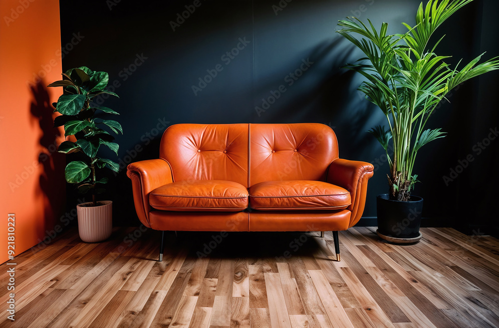 Retro style orange leather sofa in a vintage dark room interior Stock ...