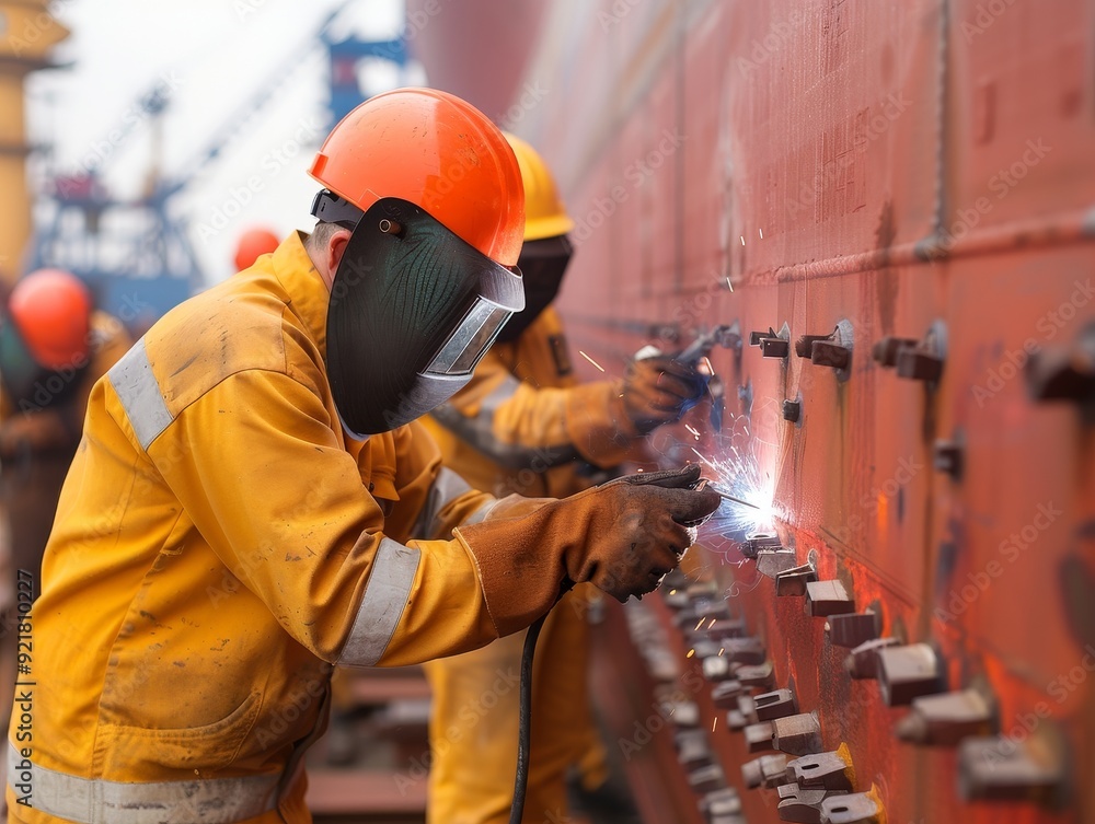 Workers welding on a ship in a harbor, showcasing teamwork and safety ...