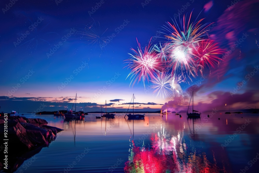 Beautiful colorful fireworks over the sea, celebration of an events on ...