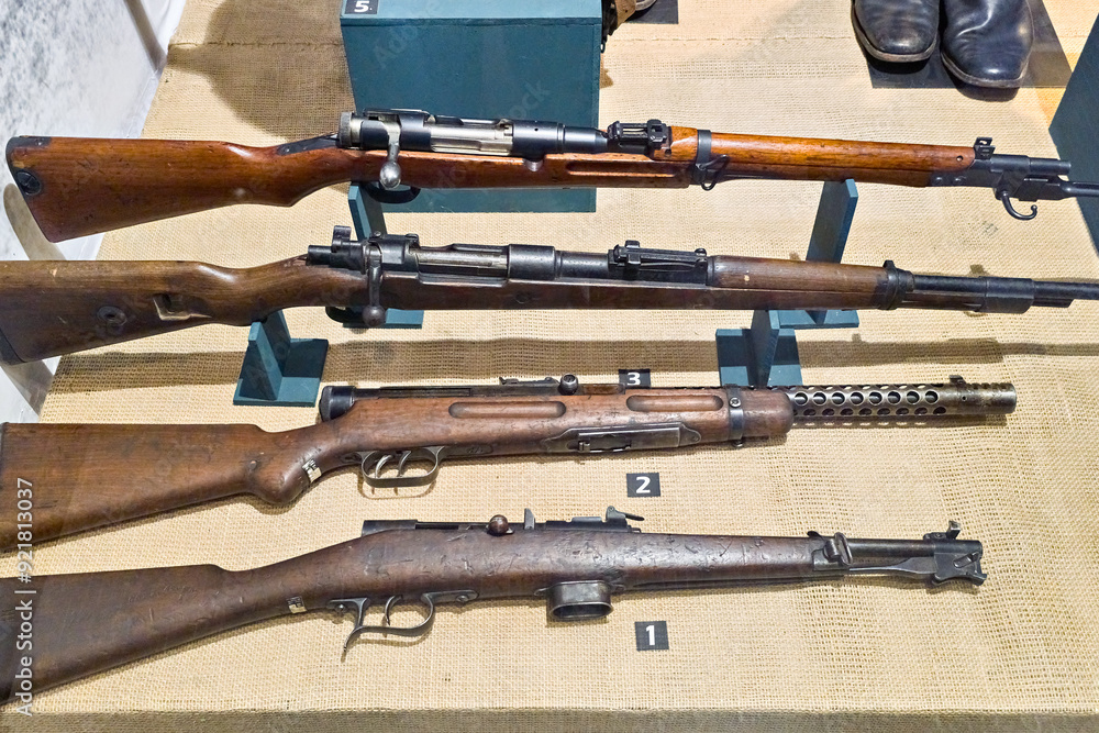 Sofia, Bulgaria, April 24, 2024; Rifles Mauser and carbine, submachine ...