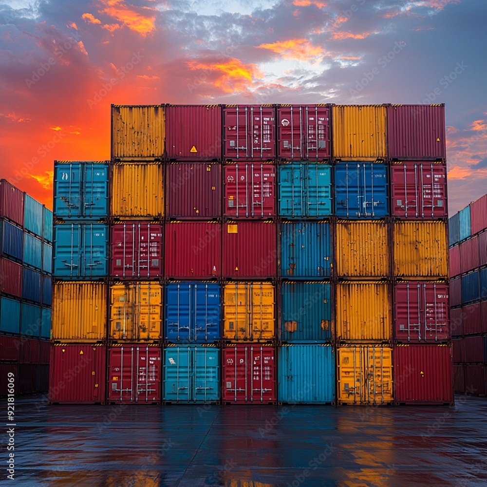 Stacked cargo containers in the storage area of freight sea port ...