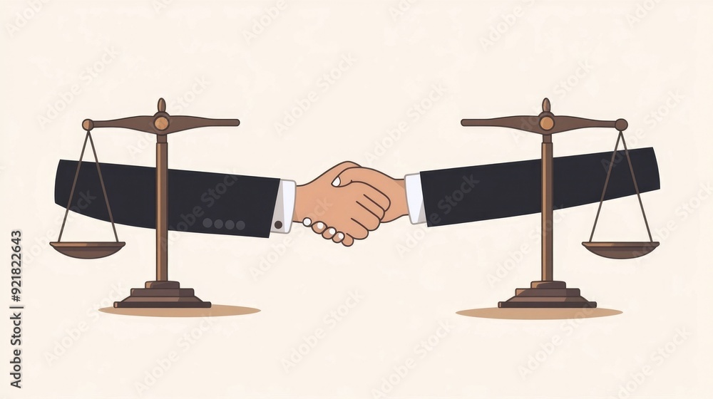 Balanced scales with a handshake symbolizing agreement harmony and ...