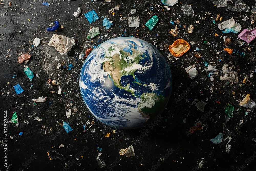 Earth from space environmental message with plastic pollution for earth ...