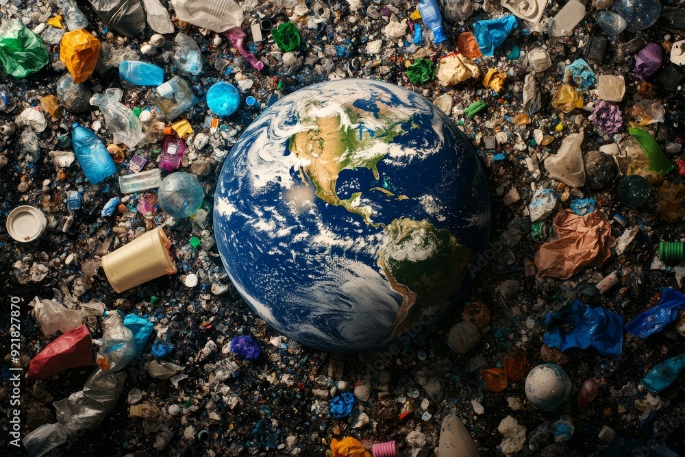 Earth day space view showing earth with plastic waste pollution visible ...