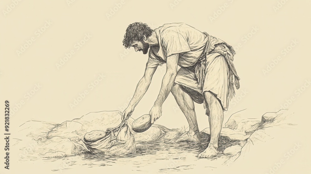 Biblical Illustration of 1 Samuel: David and Goliath, David Choosing ...