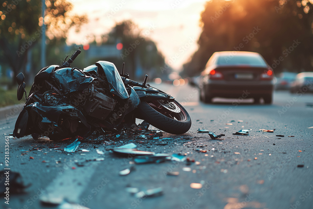 Aftermath of a traffic collision showing a severely damaged car, with ...