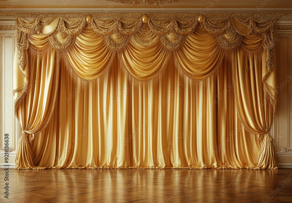 Gold curtain stage background, wood floor, curtain wall, stage backdrop ...