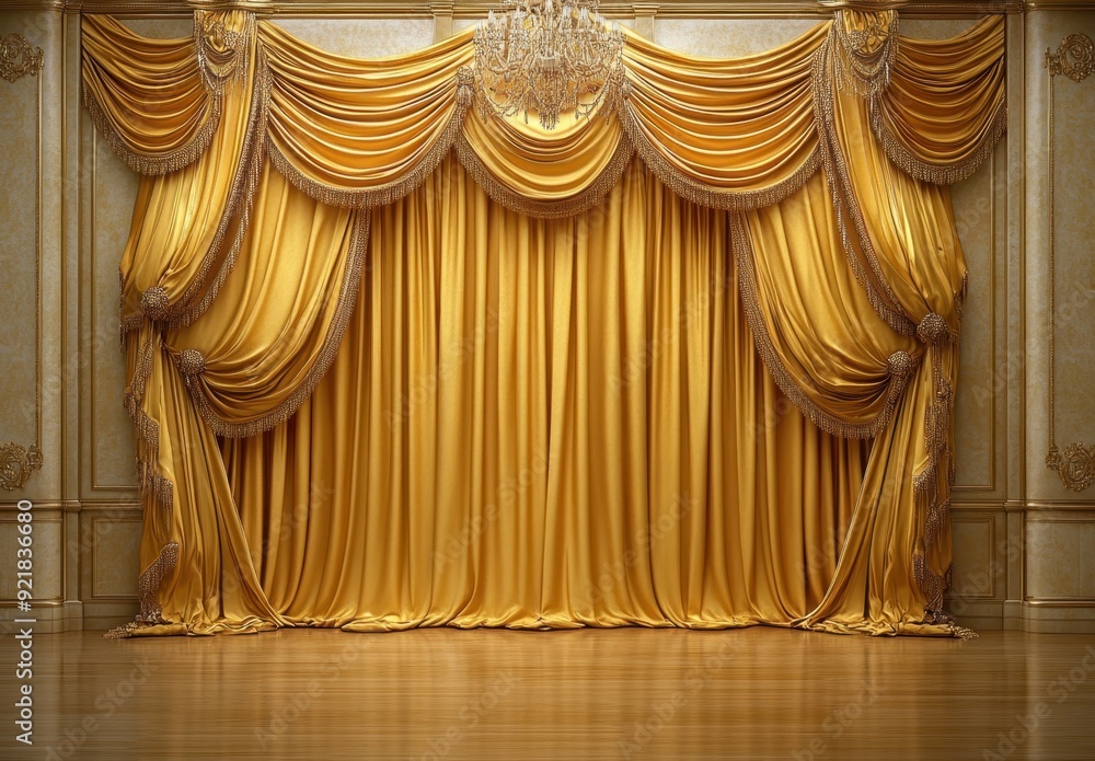 Gold curtain stage background, wood floor, curtain wall, stage backdrop ...