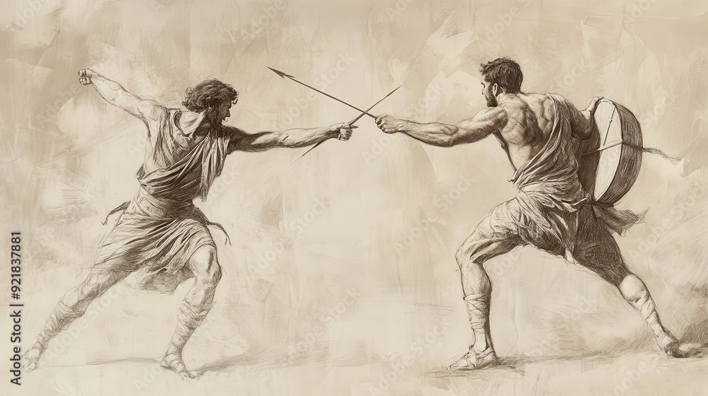 Biblical Illustration of 1 Samuel: David Flees from Saul, Saul Throwing ...