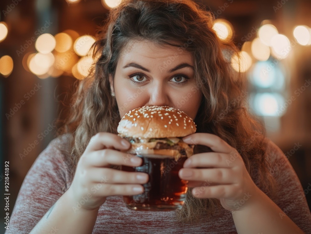 Overweight woman eating hamburger and soda, highlighting unhealthy diet ...