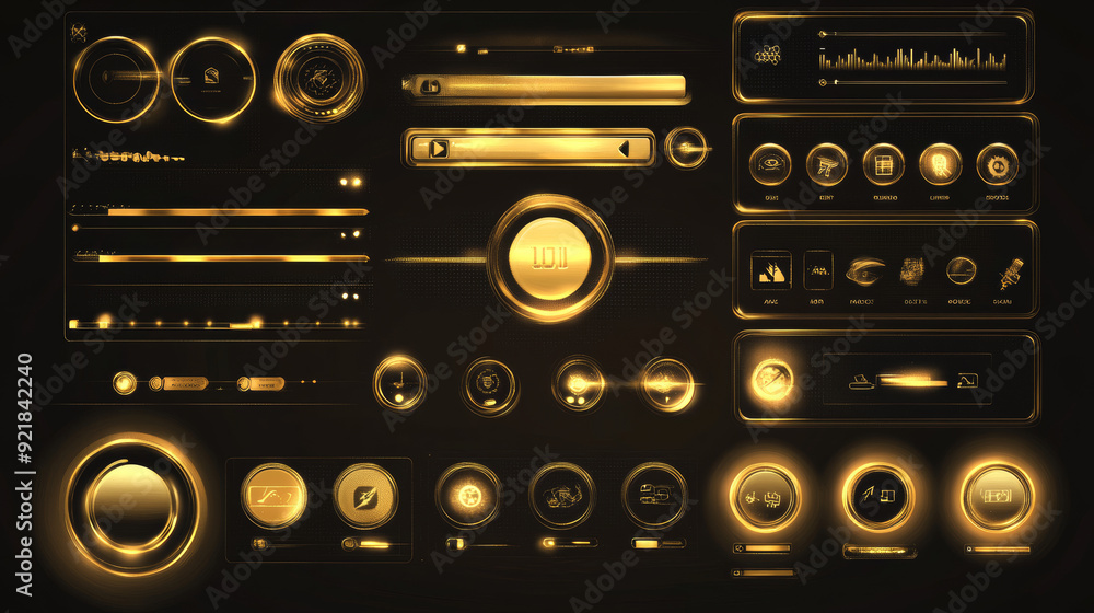 Golden game interface icons, including GUI buttons and panels with ...