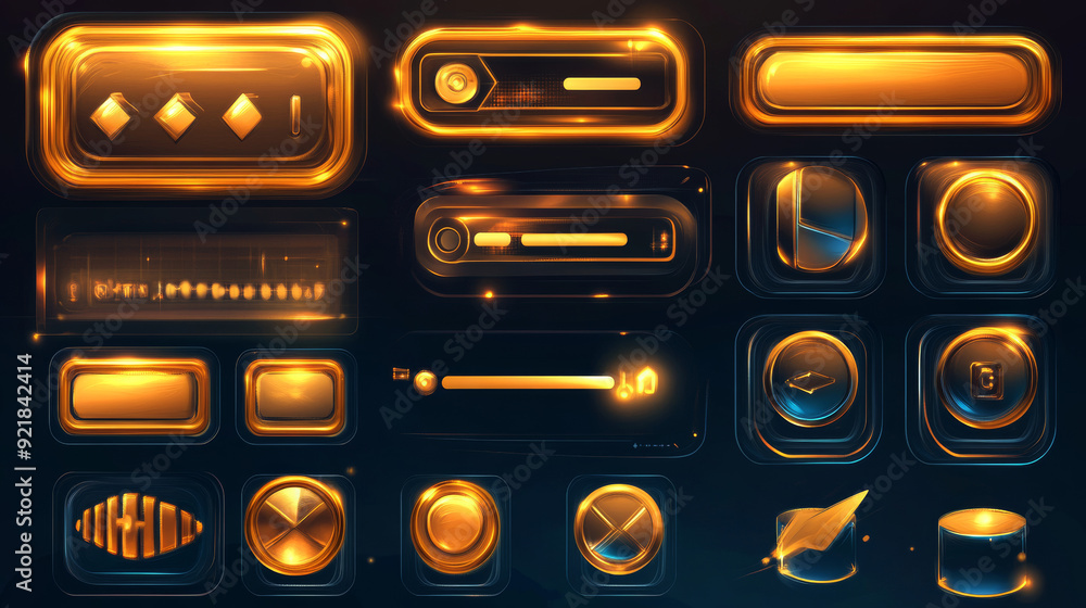 Golden game interface icons, including GUI buttons and panels with ...