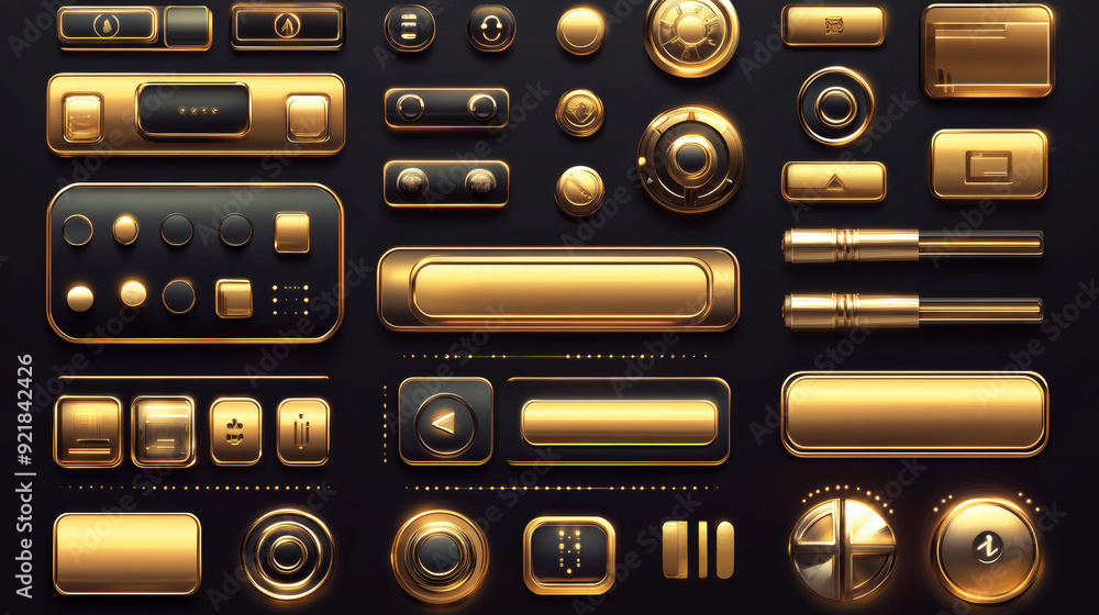 Golden game interface icons, including GUI buttons and panels with ...