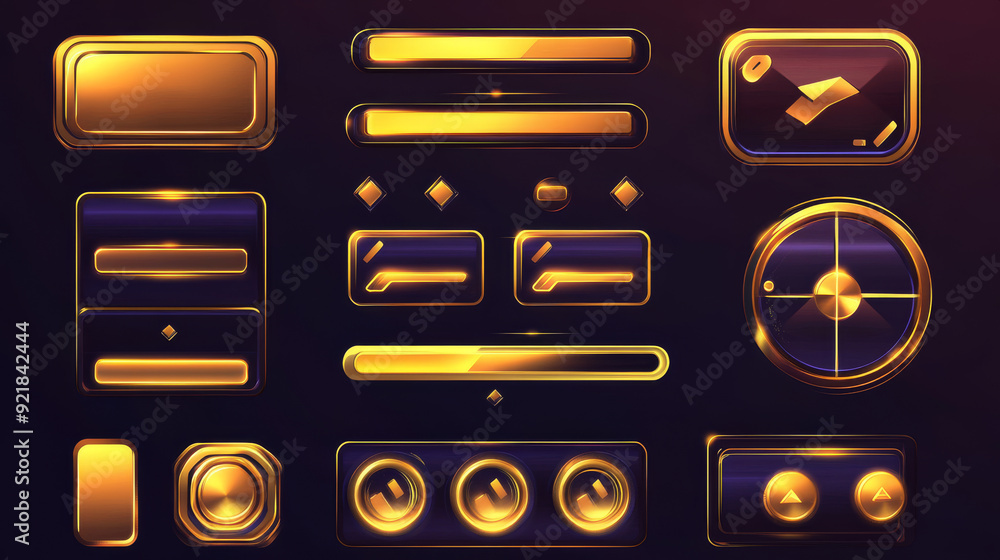 Golden game interface icons, including GUI buttons and panels with ...