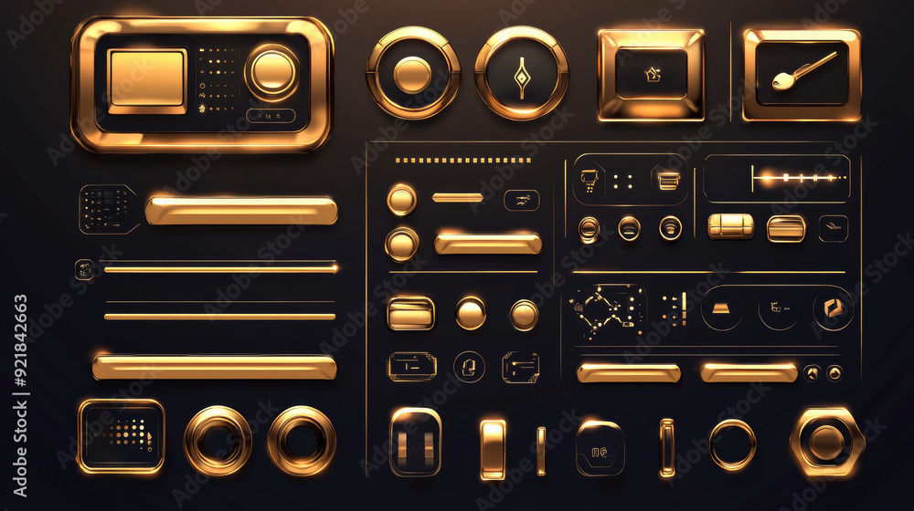 Golden game interface icons, including GUI buttons and panels with loading bars. Vector elements ...