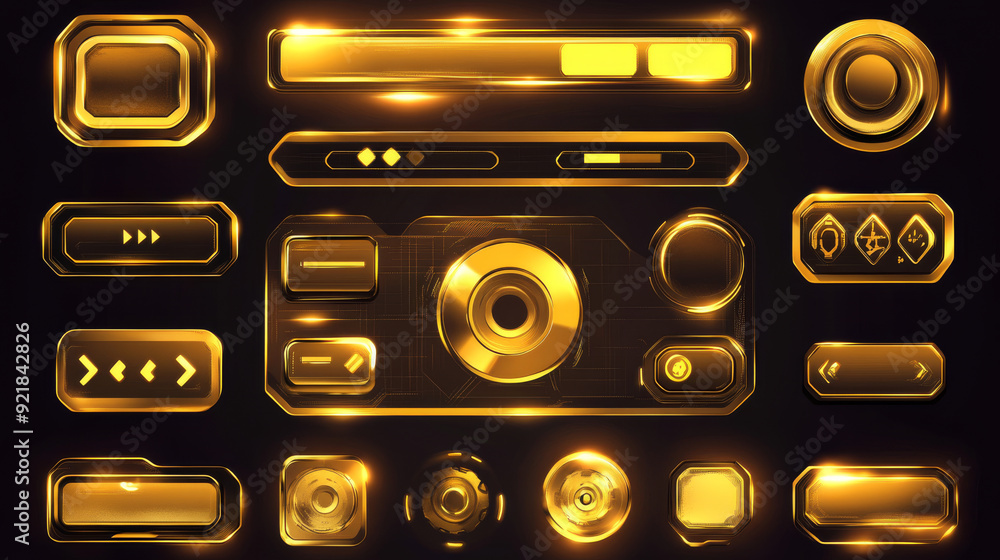Golden game interface icons, including GUI buttons and panels with ...