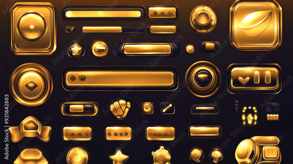 Golden game interface icons, including GUI buttons and panels with loading bars. Vector elements ...