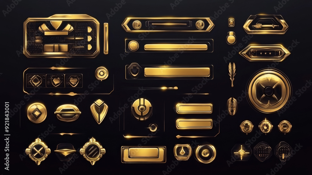 Golden game interface icons, including GUI buttons and panels with loading bars. Vector elements ...