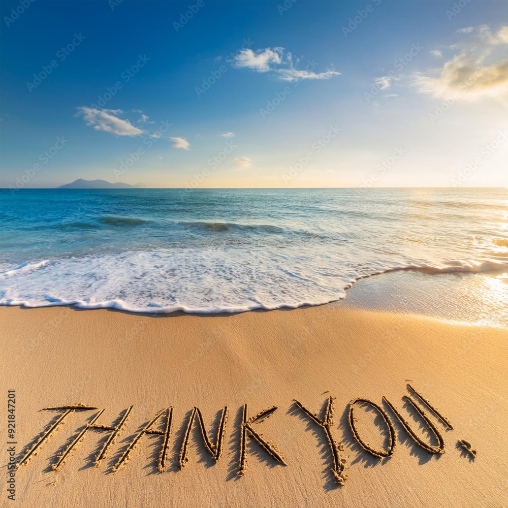 AI Generated image of Thank you lettering on the beach with wave and ...