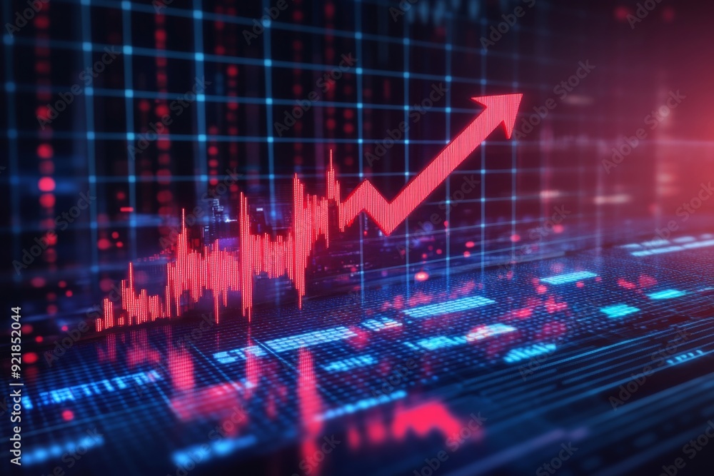 Red stock market graph and financial data background, red arrow up on ...