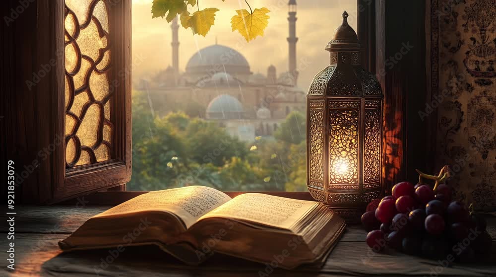 An open Quran beside an Arabian lamp on a table by a window, with a ...