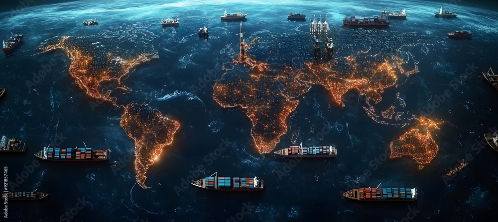 World map showing logistic network distribution and cargo ships ...