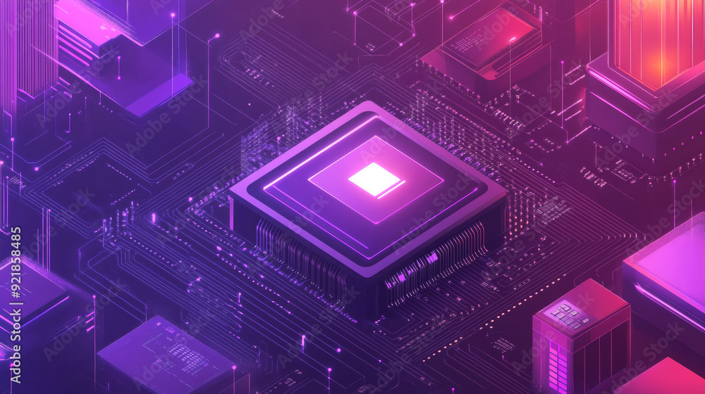 Futuristic microchip processor illuminated against a blue background. Represents quantum ...