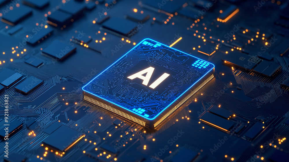 The image shows artificial intelligence (AI) embedded in a microchip ...