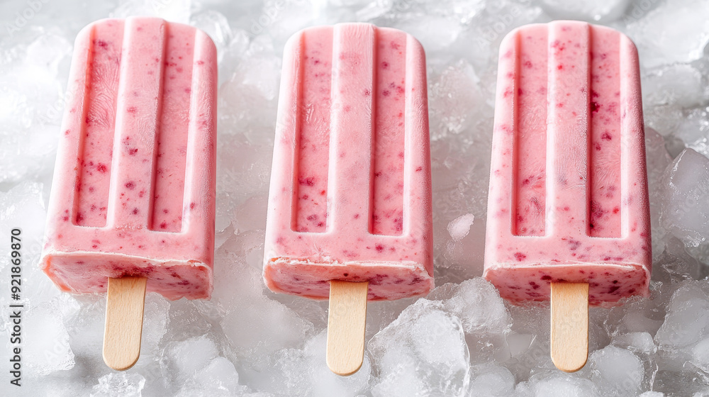Three popsicles with a creamy pink strawberry yogurt color, possibly ...