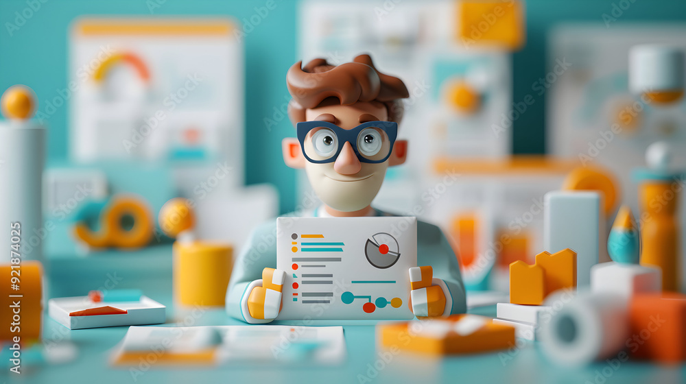 3D Flat Icon Quality Coordinator with Process Map and Certificate on Dreamy Background for ...