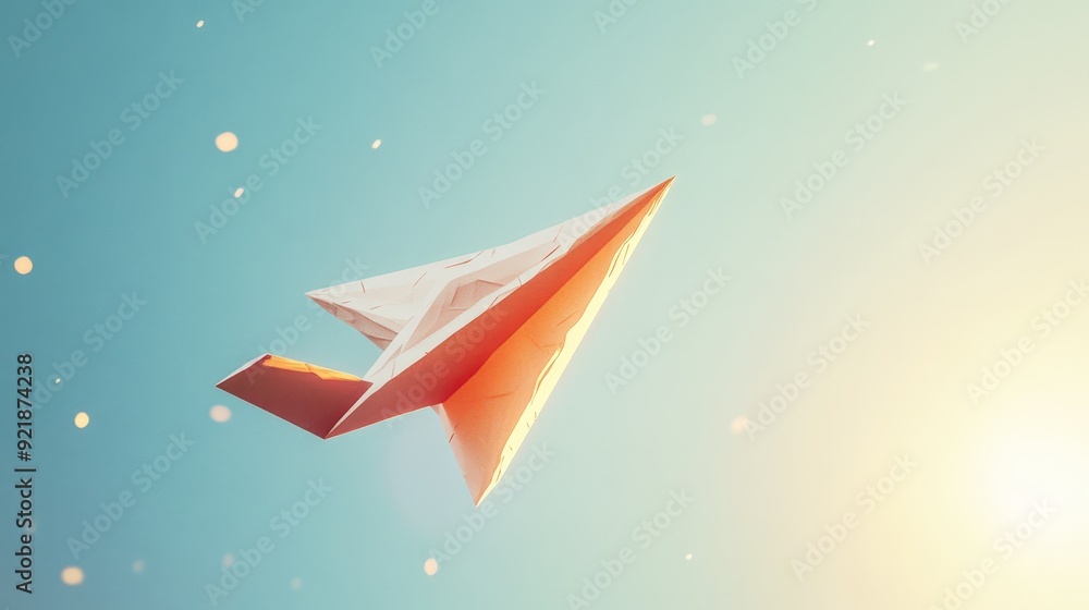 A 3D model of a paper airplane soaring through a bright, clear sky. The ...