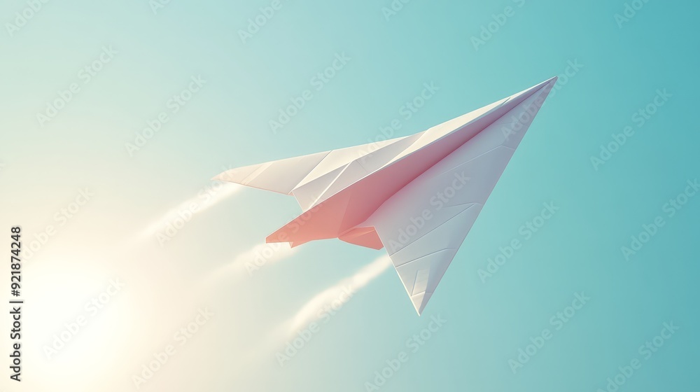 A 3D model of a paper airplane soaring through a bright, clear sky. The ...