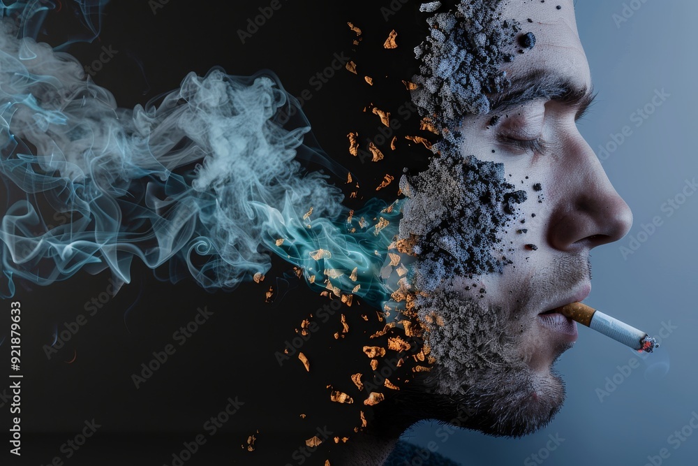 Profile of a young man as his face disperses into smoke depicting the ...