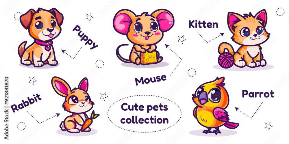 Set of vector pets in a flat style. Cute pets collection for children's ...