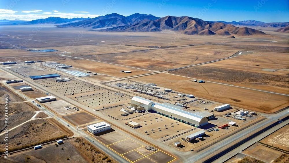 Aerial view of Area 51 military base with surveillance towers and ...