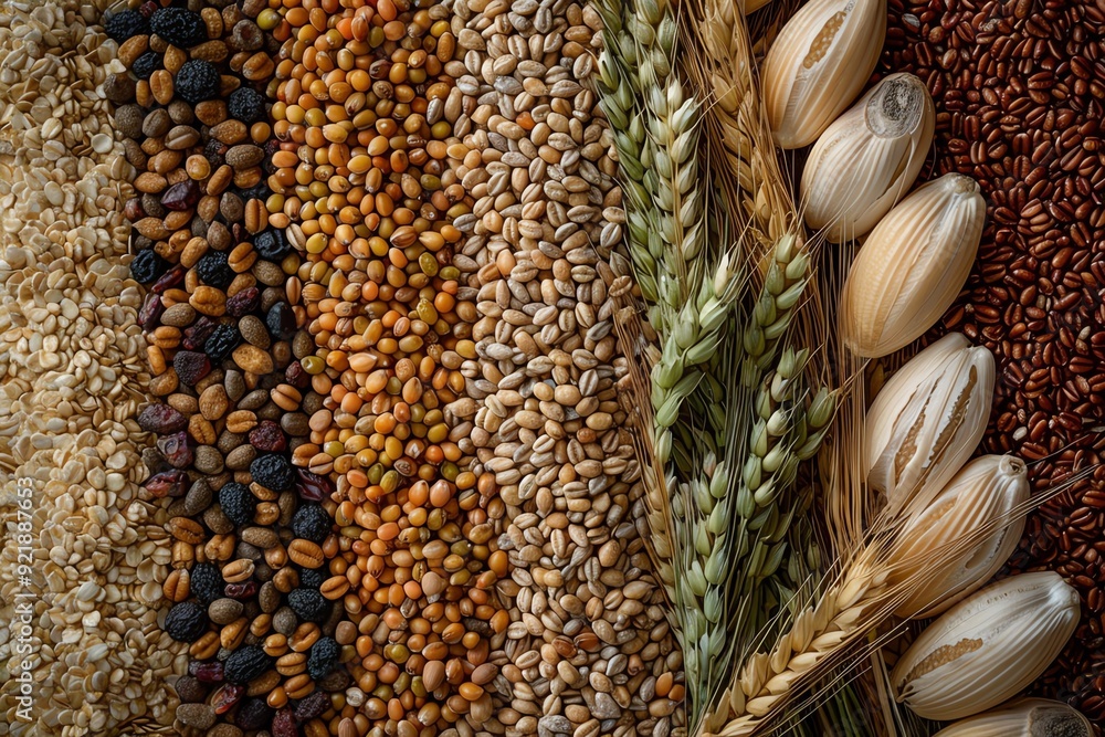 Various grains and seeds displayed in organized rows, showcasing their ...