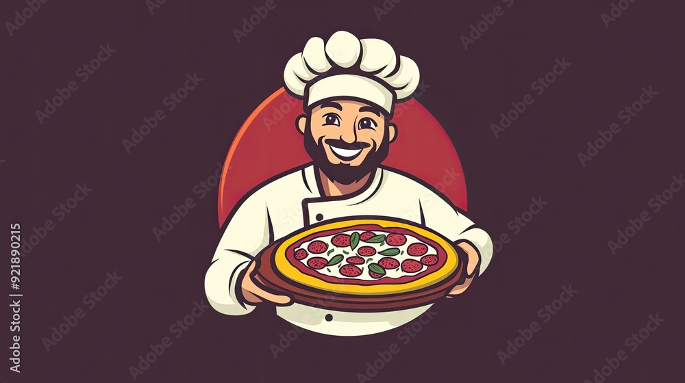 A smiling chef holding a pizza, captured in a simple yet effective ...