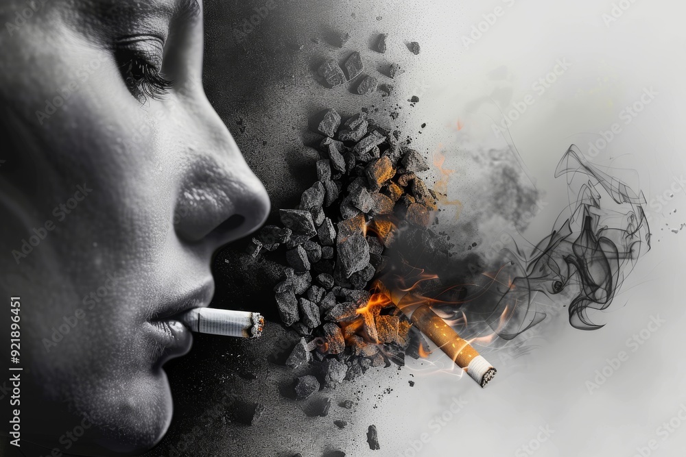 Artistic portrayal of a smoker where smoke morphs into haunting figures ...