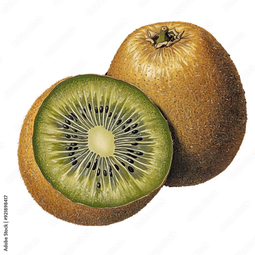 Old botanical illustration of a kiwi fruit isolated on a transparent ...
