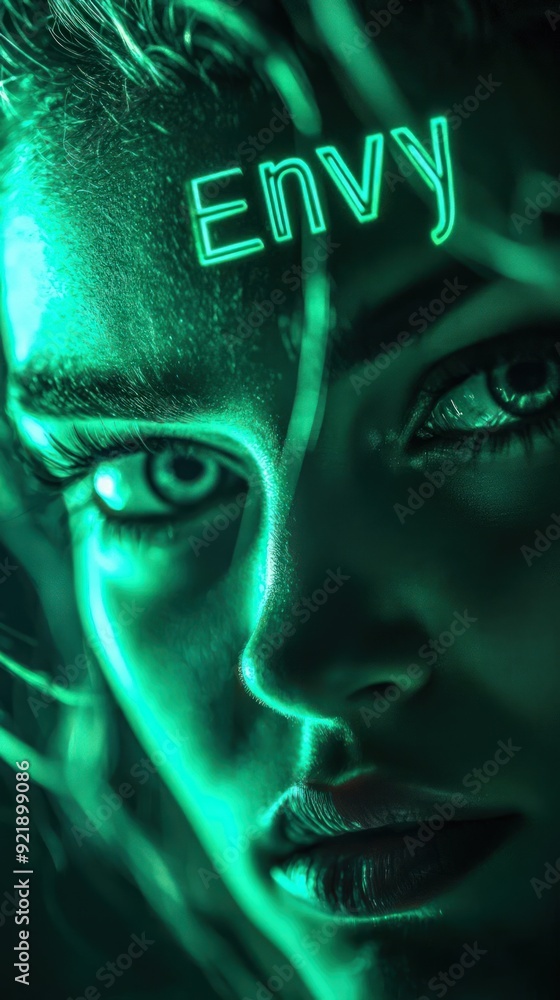 Person with an envious look, the word "Envy" in the green tint around ...