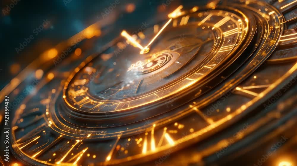Mesmerizing Golden Clock Face with Glowing Particles at Night ...